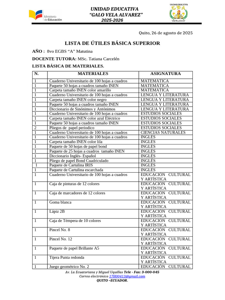 Lista de Útiles 8vo EGBS “A” 2025-2026 | PDF
