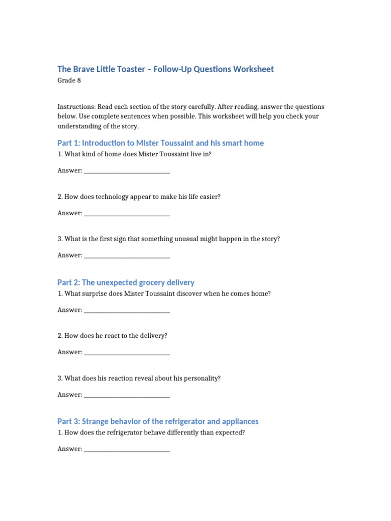 Brave Little Toaster Questions for 8th Grade | PDF | Psychology ...
