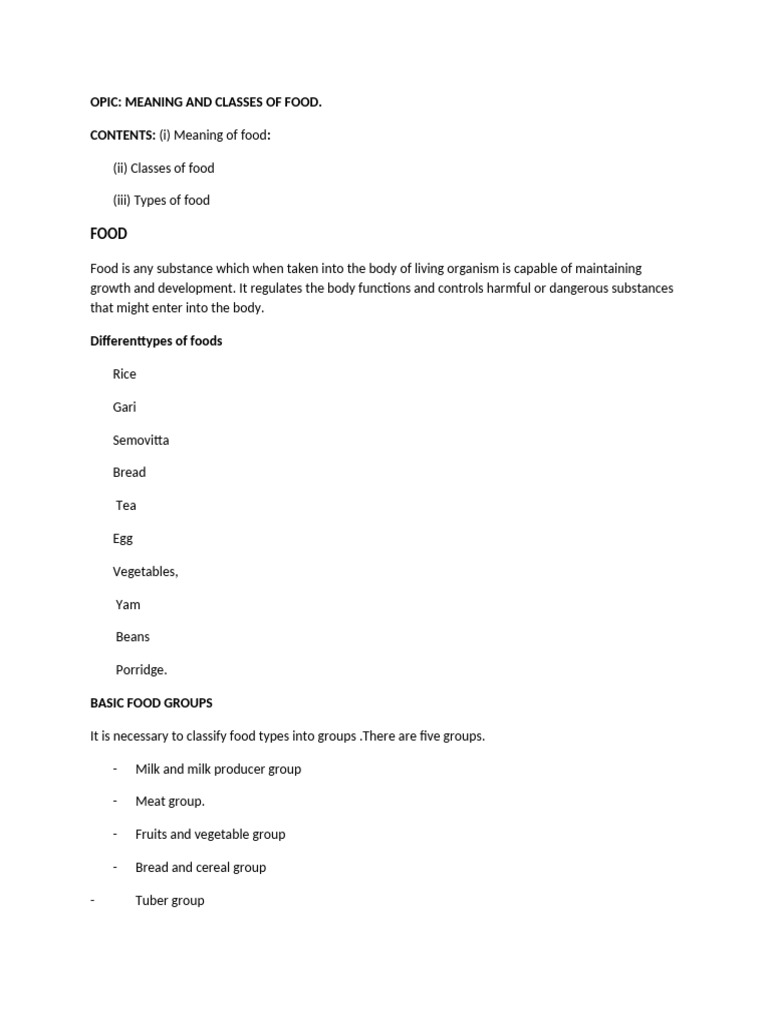 Meaning and Classes of Food | PDF | Foods | Infection