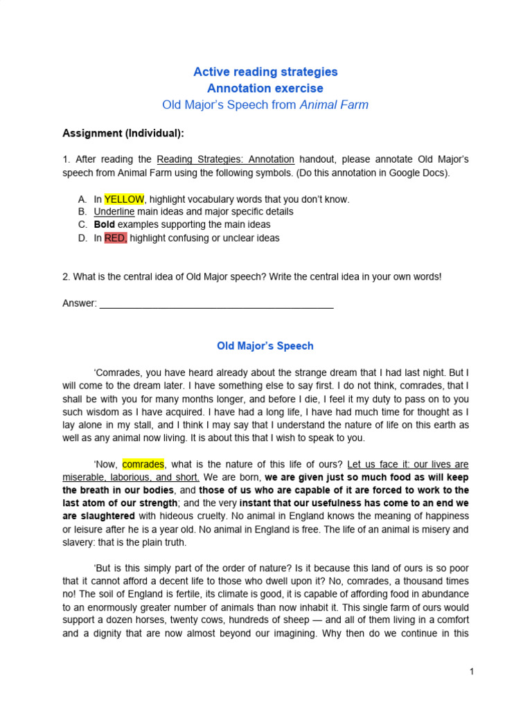 Old Major's Speech Annotation Guide | PDF | Chicken