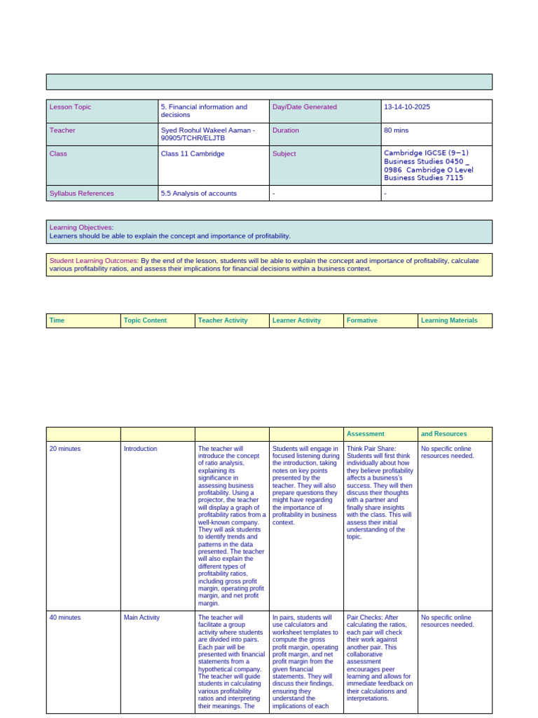 BAIR Lesson Plan - Cambridge IGCSE (9 1) Business Studies 0450 - 0986 ...