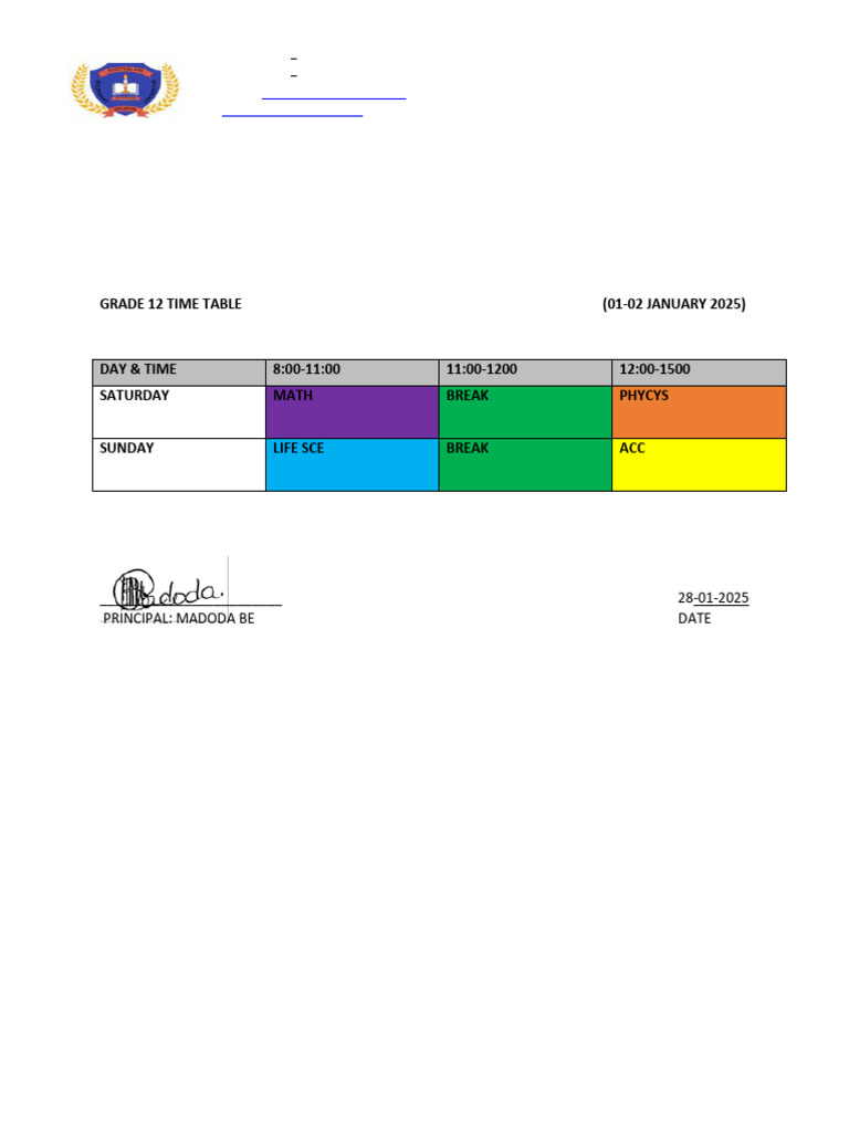 Grade 12 Time Table January 2025 | PDF