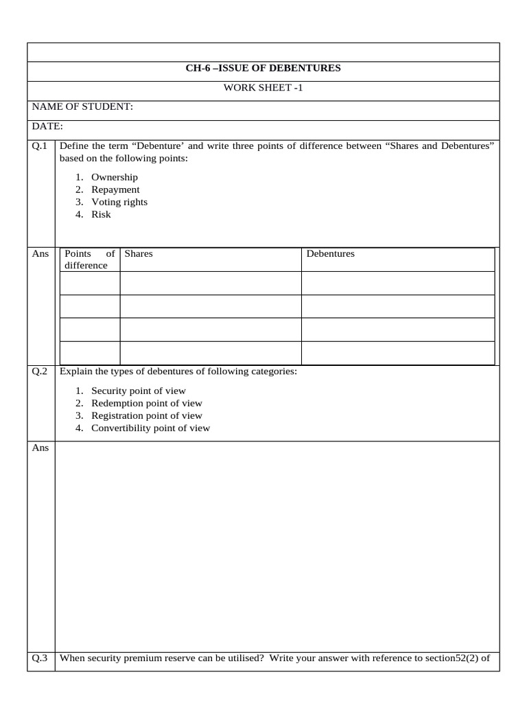 Xii-Acc-Issue of Debenture-Ws With Ans | PDF | Debenture | Debt
