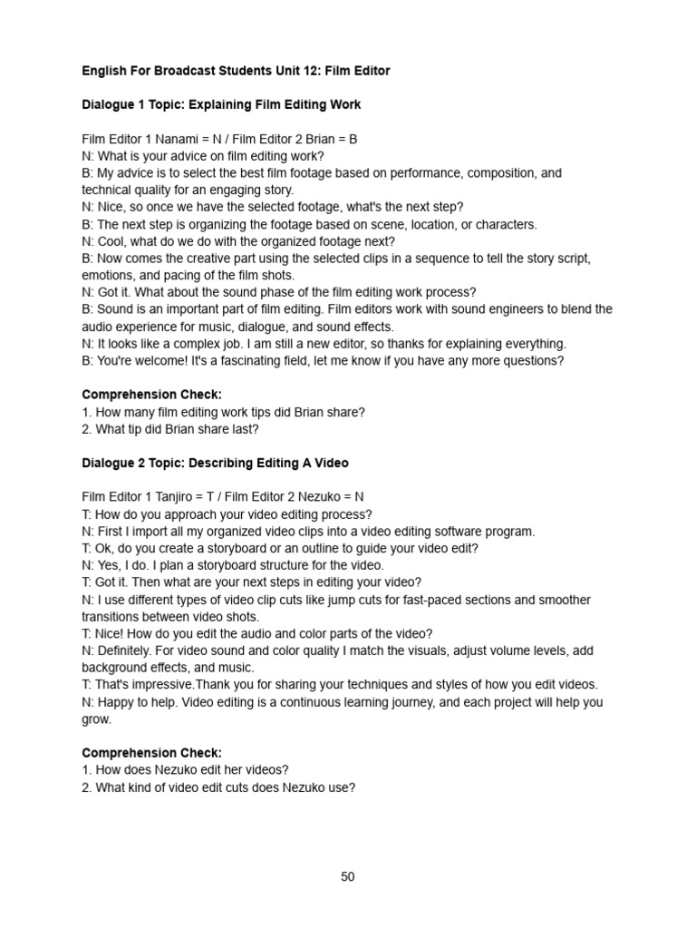 English For Broadcast Students Unit 12 Film Editor | PDF | Editing