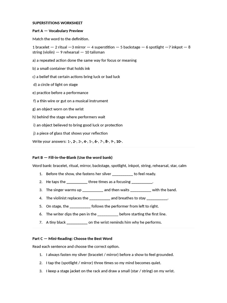 Superstitions Worksheet Activities | PDF