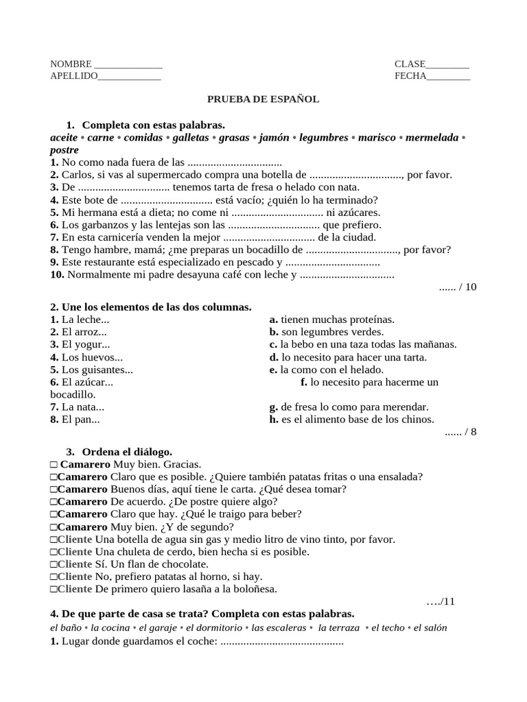 Prueba de Español: Ejercicios y Actividades | PDF | Postres | Alimentos