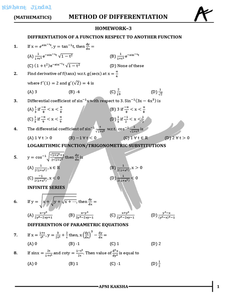 Homework-3 - Method of Differentiation NJ - 247 | PDF | Derivative | Complex Analysis