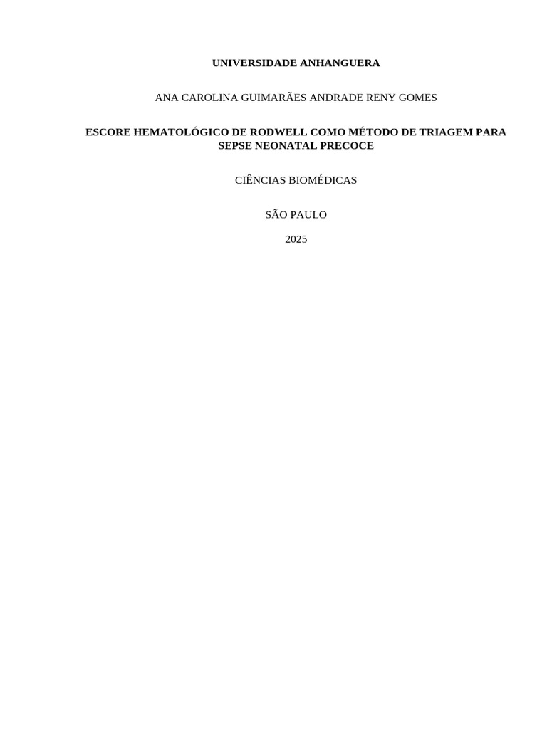 Escore Hematológico de Rodwell na Sepse Neonatal | PDF | Sepse | Infecção