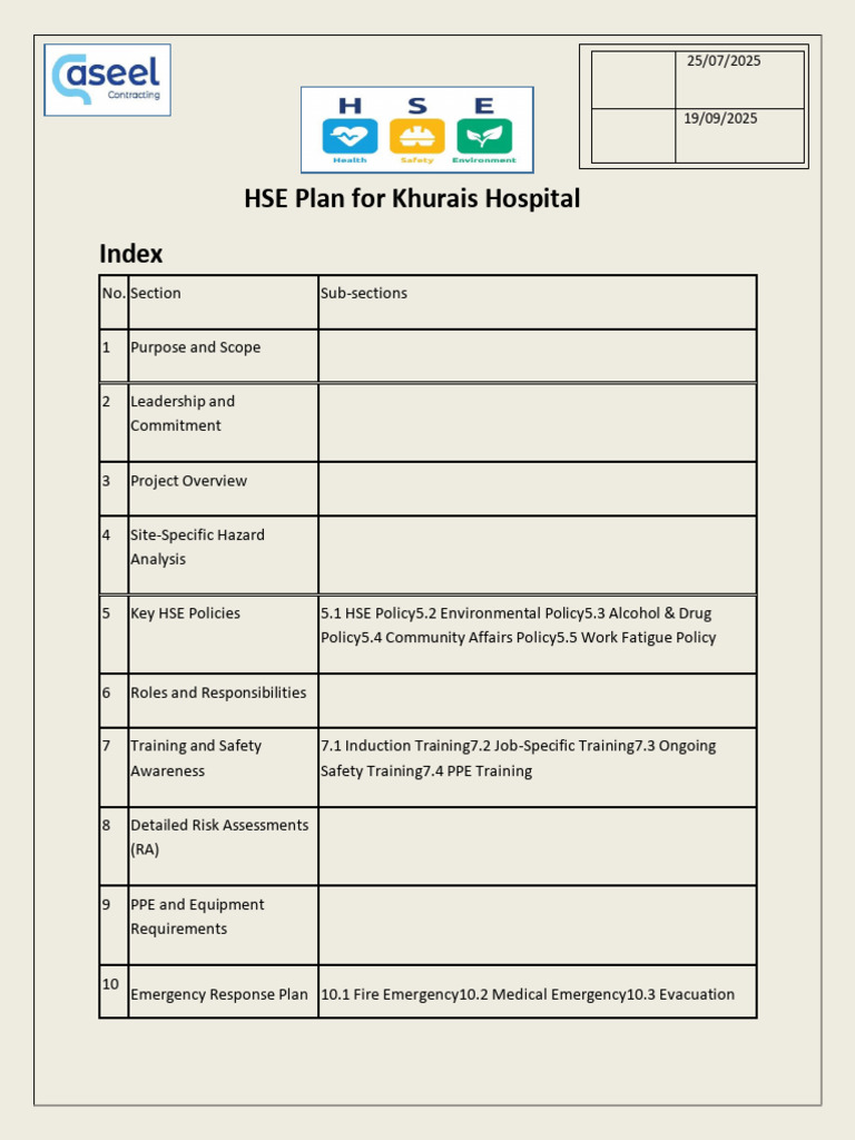 HSE Plan for Khurais Hospital Construction | PDF | Occupational Safety ...