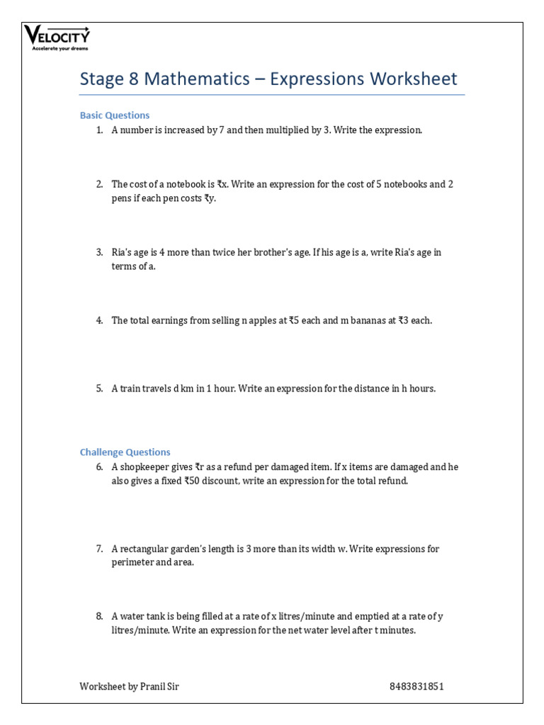 Stage 8 Math Expressions Worksheet | PDF | Factorization | Chess Openings