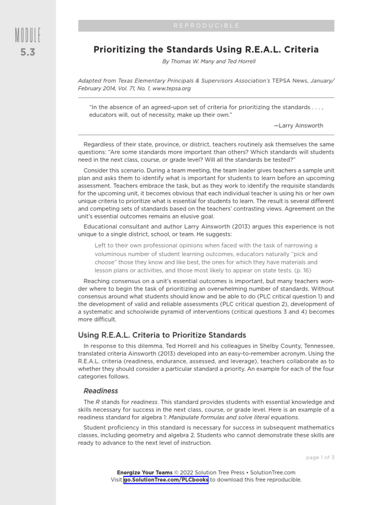 R.E.A.L. Criteria for Prioritizing Standards | PDF | Teachers | Curriculum