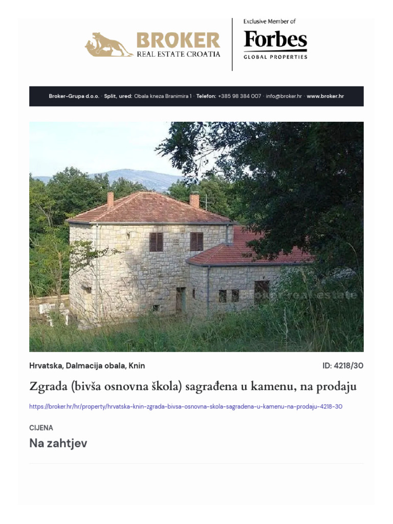 Hrvatska Knin Zgrada Bivsa Osnovna Skola Sagradena U Kamenu Na Prodaju 4218 30 | PDF