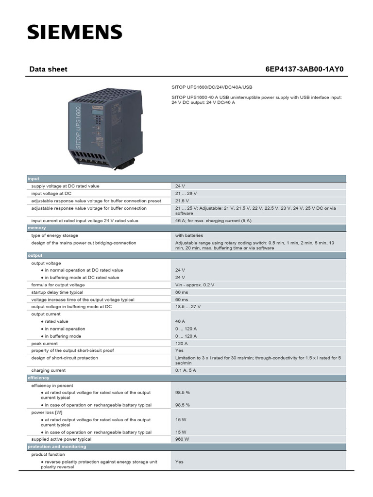SITOP UPS1600 40A Power Supply Data Sheet | PDF | Power Supply | Light ...