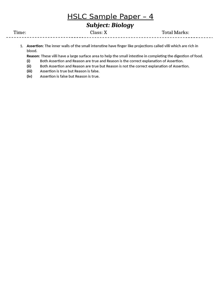 HSLC Sample Paper-4 - Biology | PDF