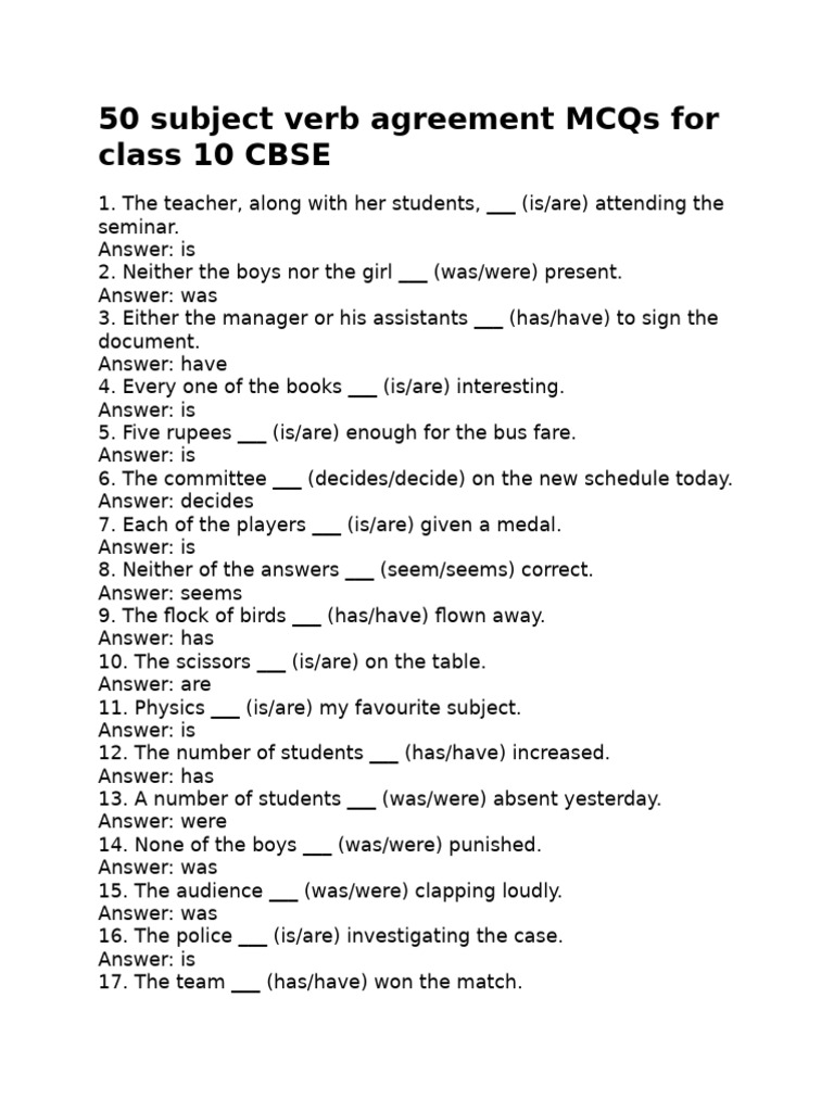 50 MCQs on Subject-Verb Agreement | PDF | Chess | Chess Theory