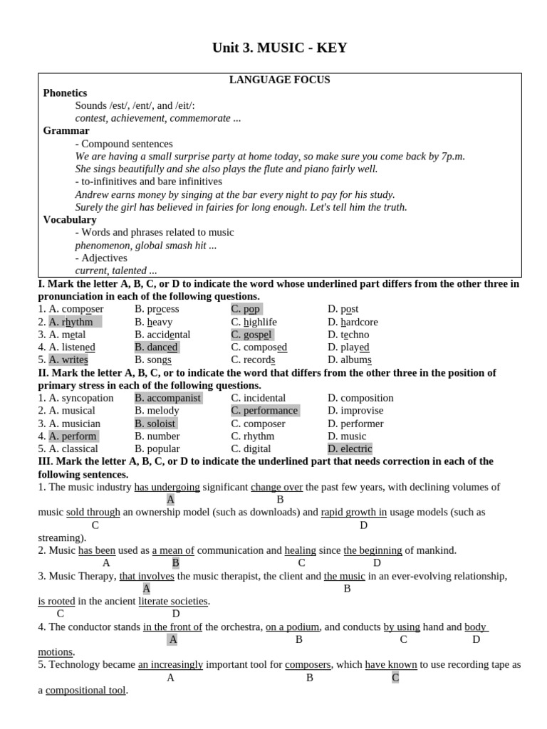 Music Vocabulary and Grammar Guide | PDF | Cello | Violin