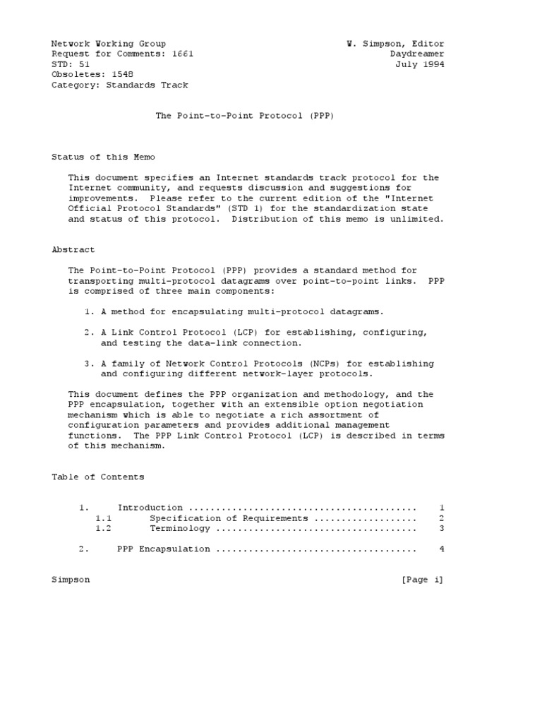 RFC 1661 | PDF | Network Packet | Communications Protocols