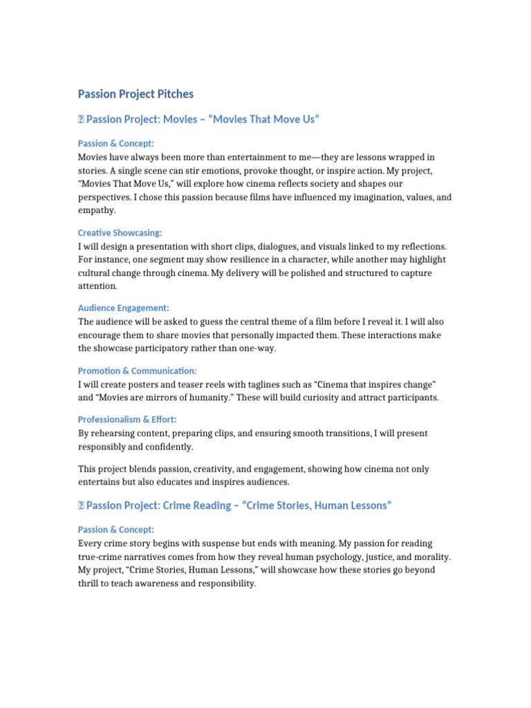 Engaging Passion Project Pitches | PDF | Creativity | Storytelling