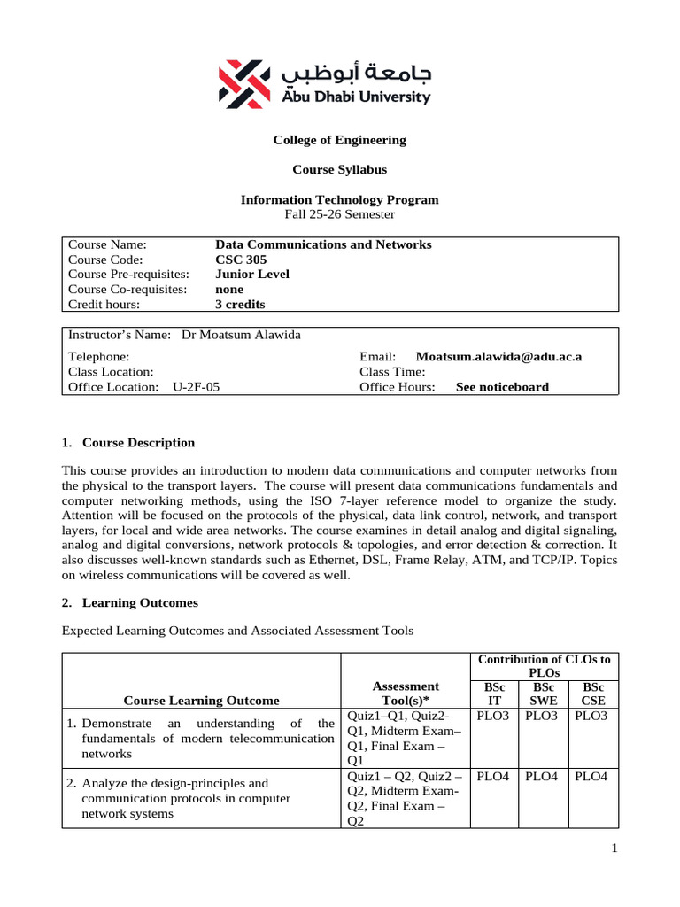 CSC 305 Data Communication and Networks Fall 25-26 | PDF | Computer ...