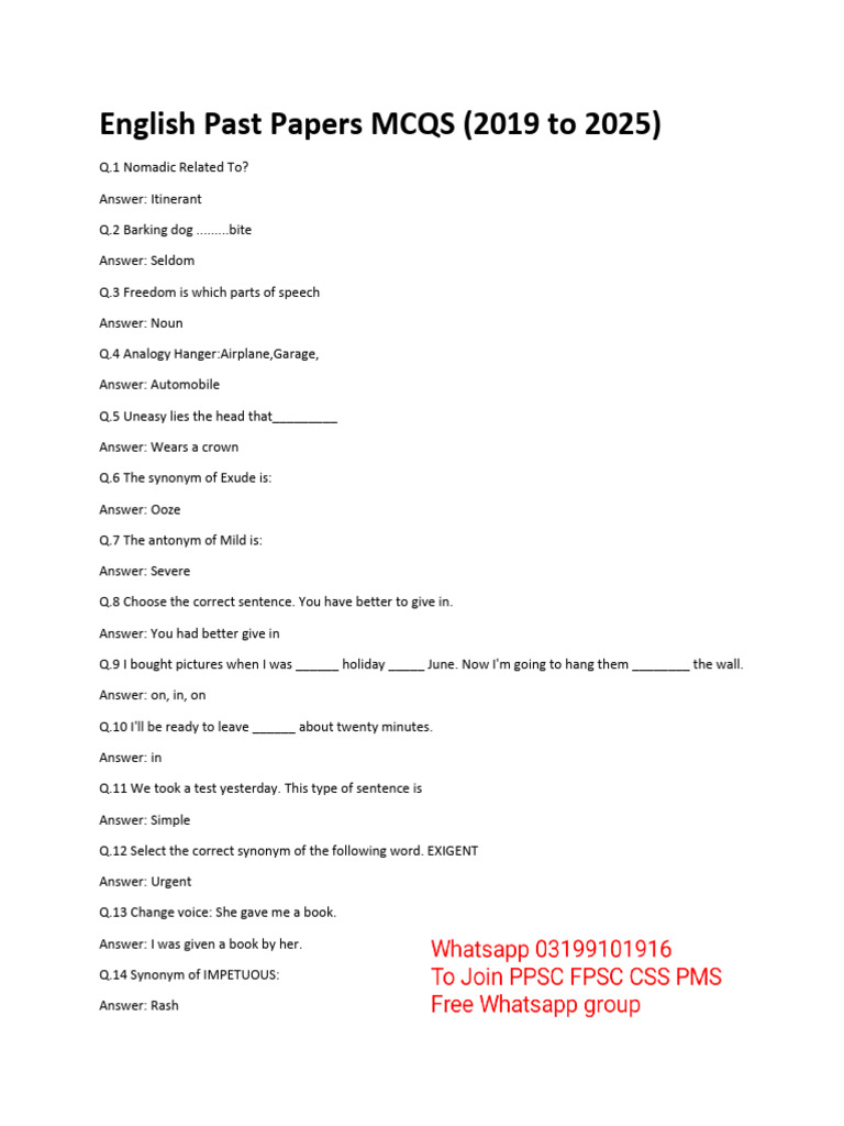 English Past Papers Mcqs (2019-2025) | PDF | Part Of Speech | Adverb