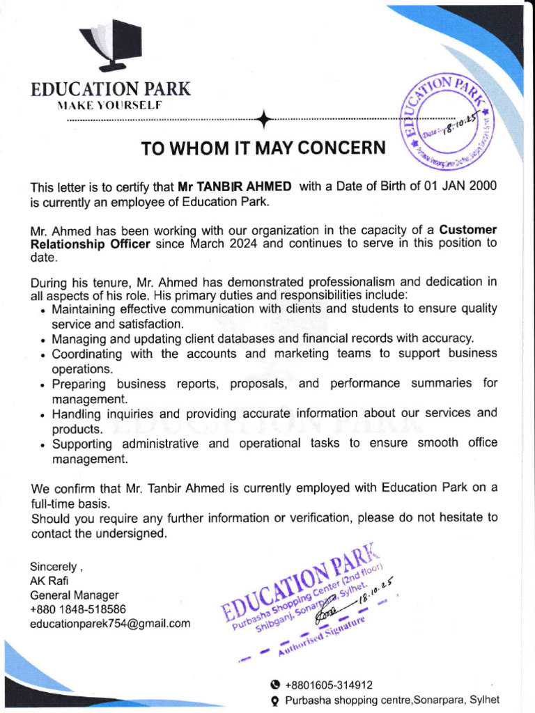 Job Experience Tanbir 20251018 0001 | PDF