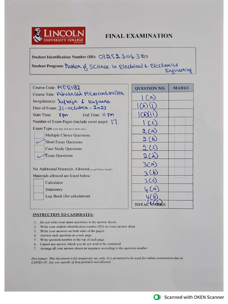 MEE1133-Advanced MicroController-Semester Answer Sheet | PDF