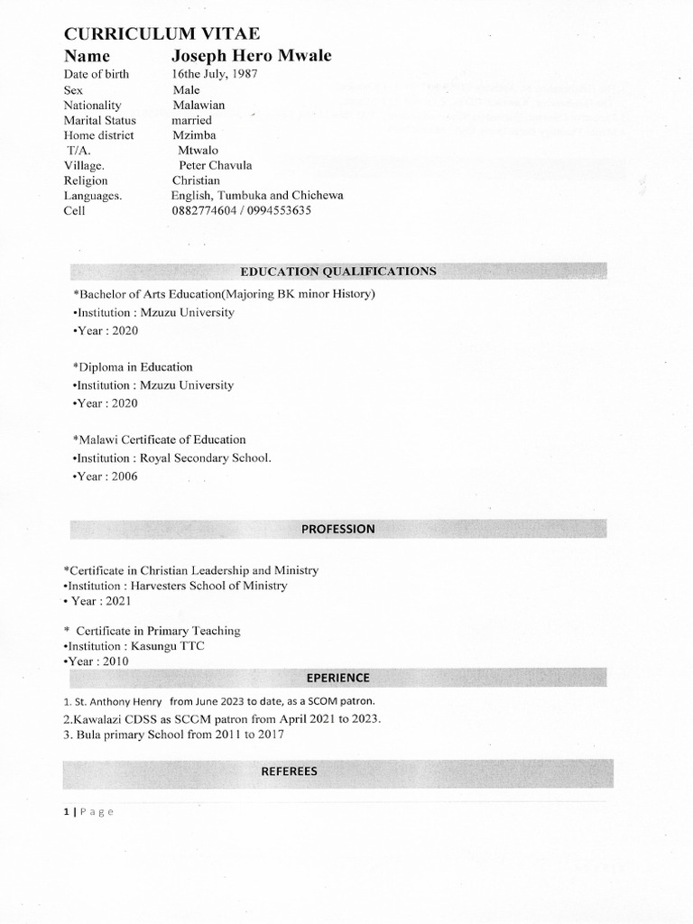 Joseph Mwale CV | PDF