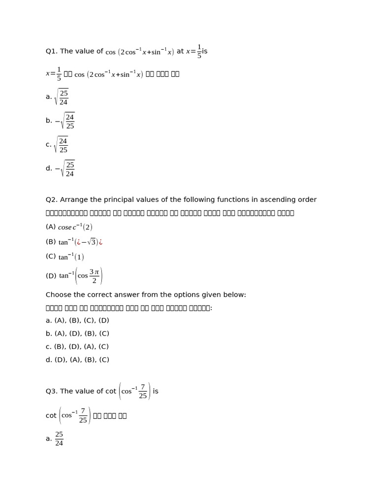 Chapter 2-Inverse Trigonometric Functions 2025 Pyq | PDF