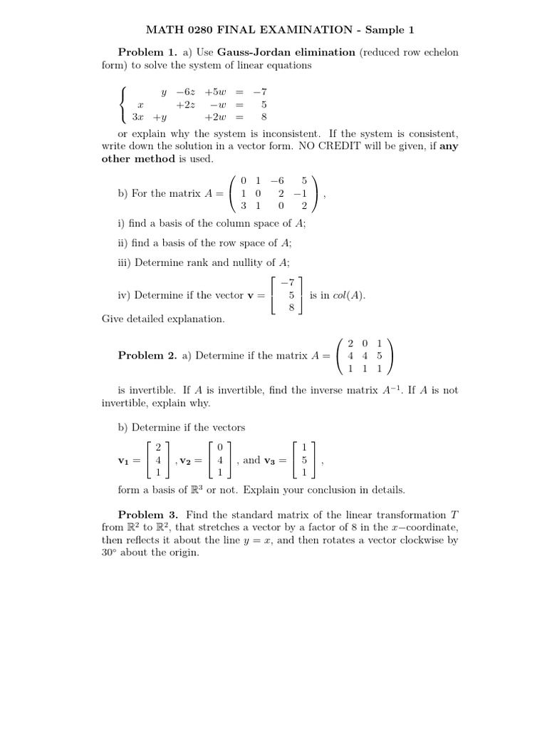 Linear Algebra Sample Final 1 | PDF | Eigenvalues And Eigenvectors | Matrix (Mathematics)