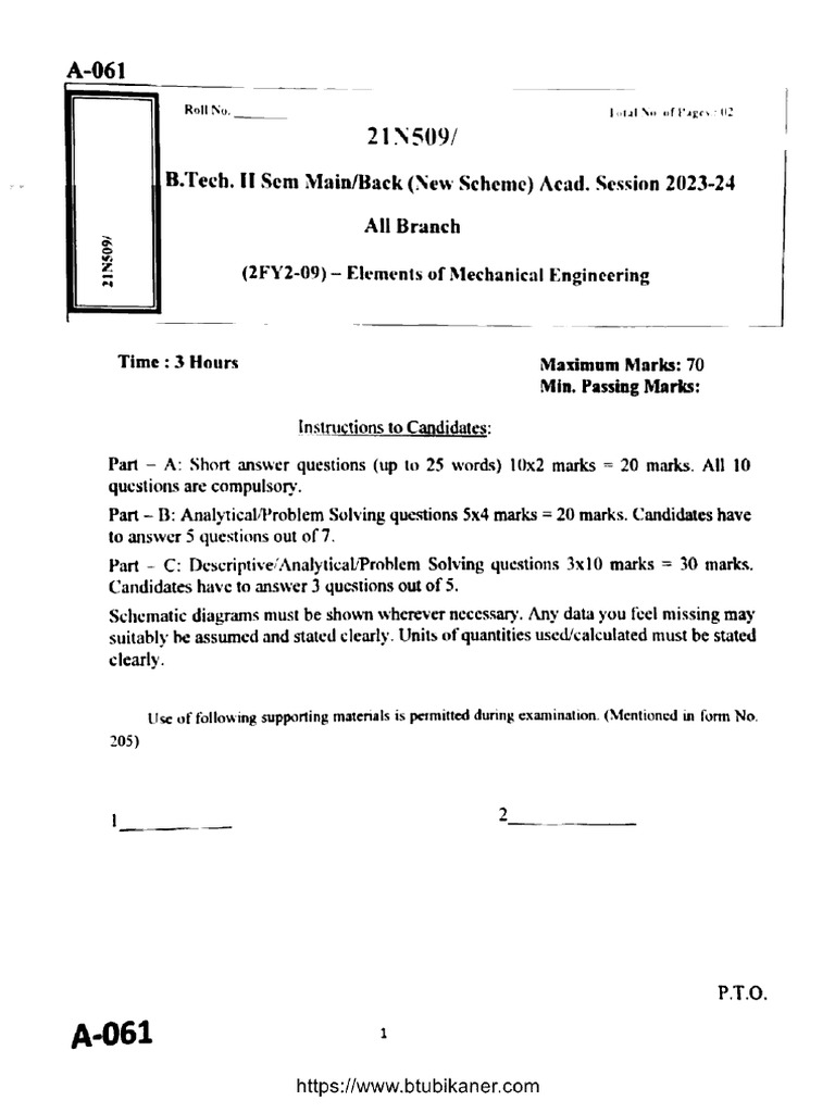 Btech 2 Sem Elements of Mechanical Engineering 21n509 2024 | PDF