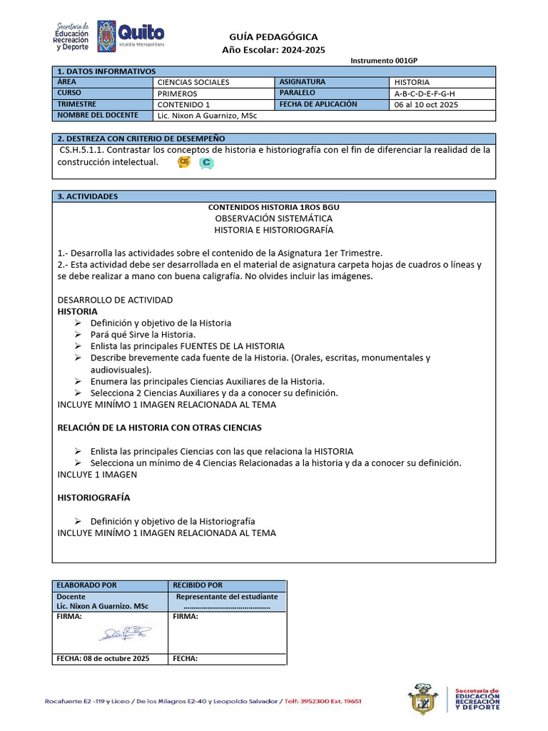 NG Guia Pedagógica1 Contenidos Historia 1ros BGU | PDF