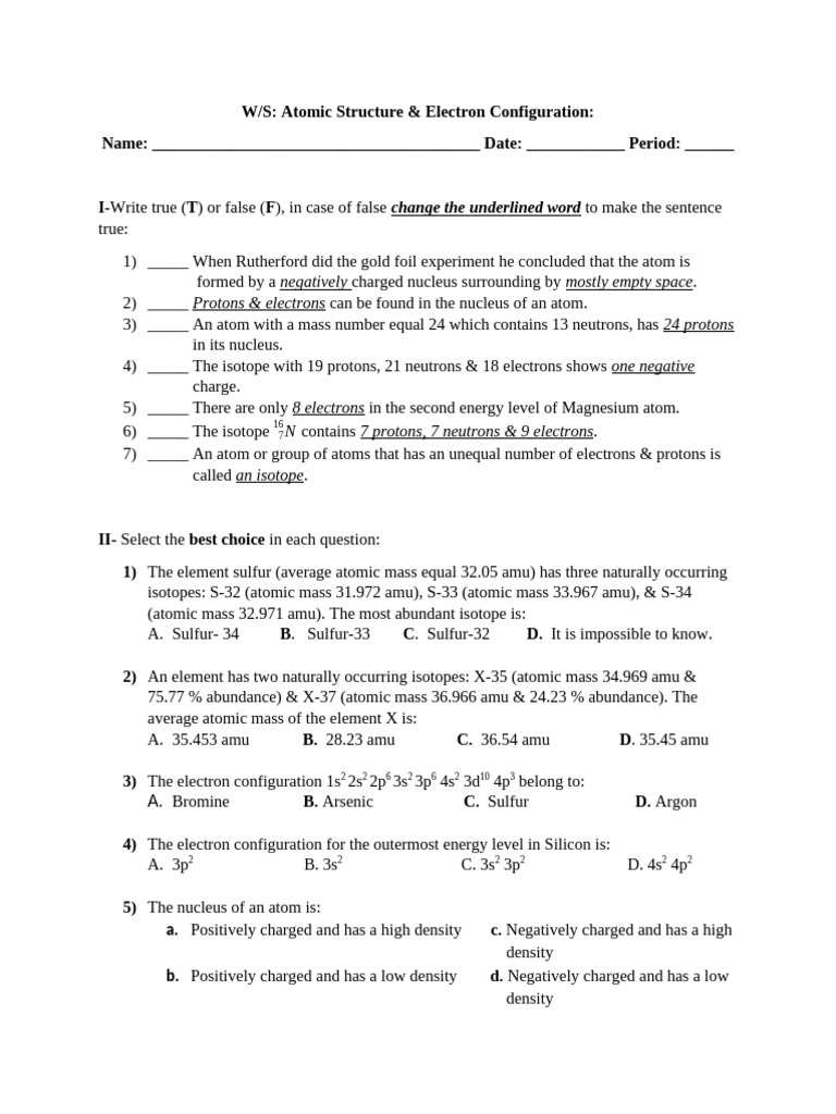 WS Atomic Structure - Electron Configurations | PDF | Atoms | Proton