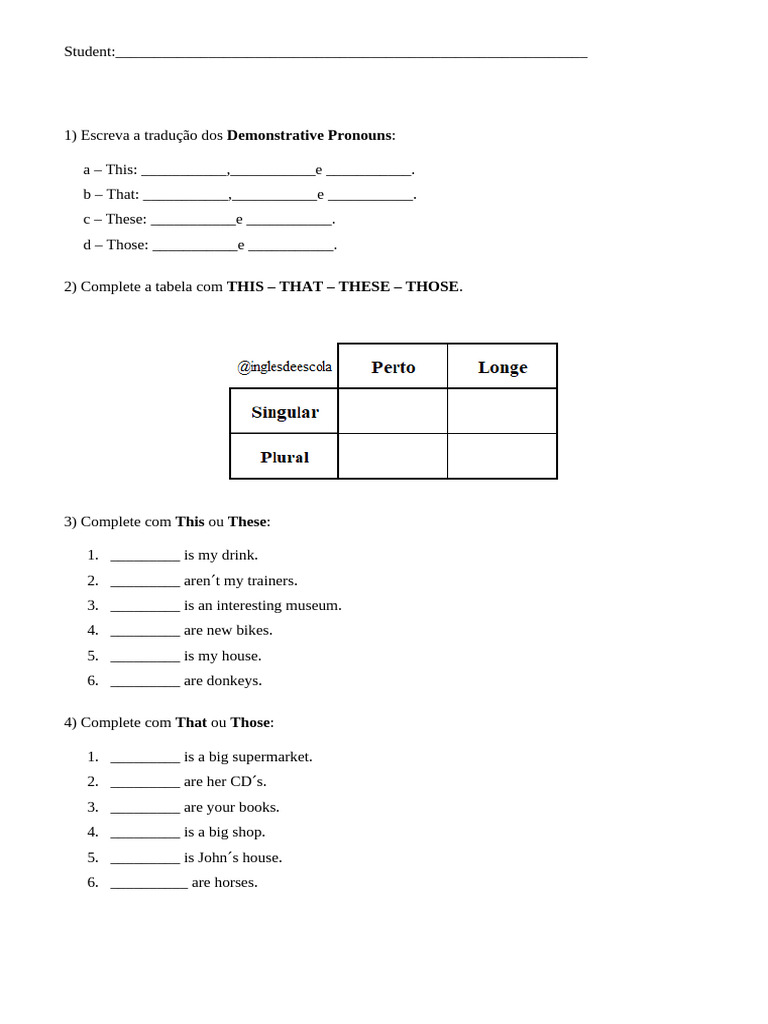 Demonstrative Pronouns Atividade 1 | PDF