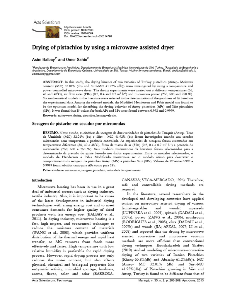 Drying of Pistachios by Using A Microwave Assisted Dryer | PDF ...