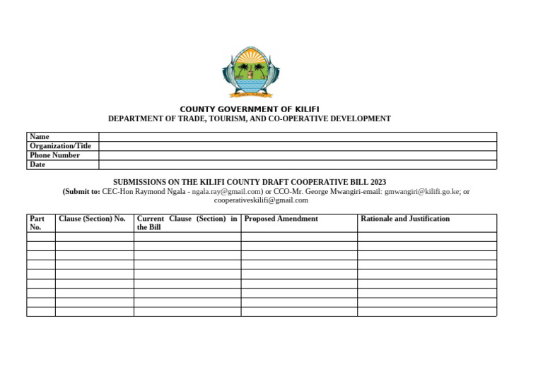 Public Submissions Form On Kilifi County Cooperative Bill 2023 | PDF