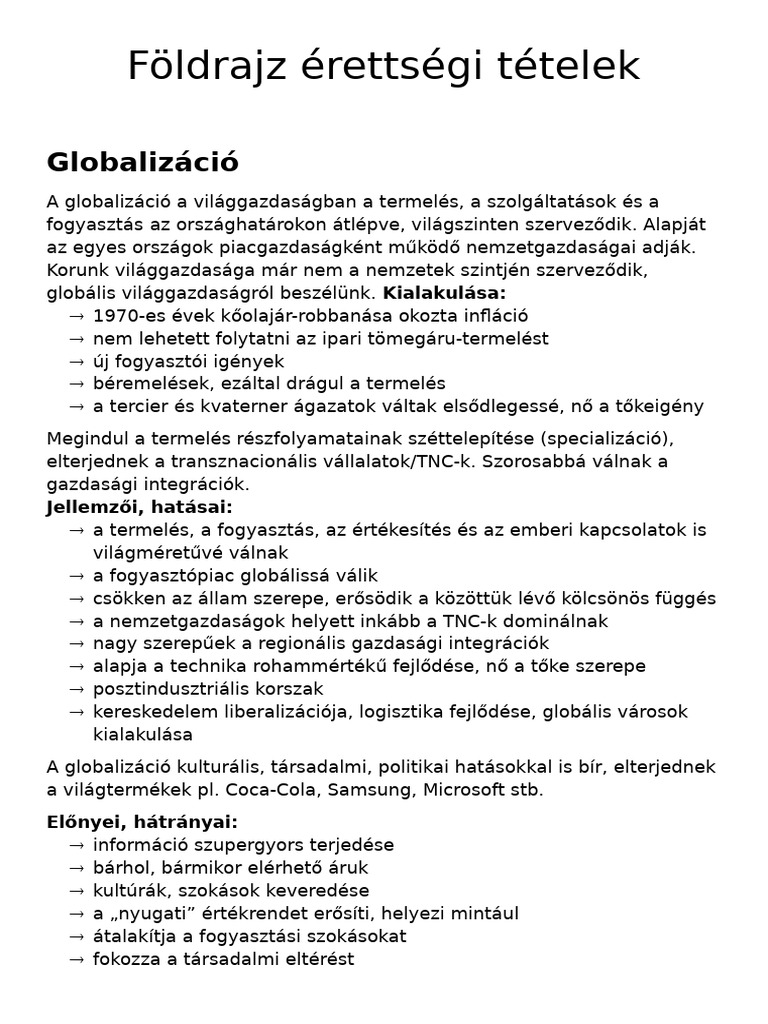 Földrajz Érettségi Tételek | PDF