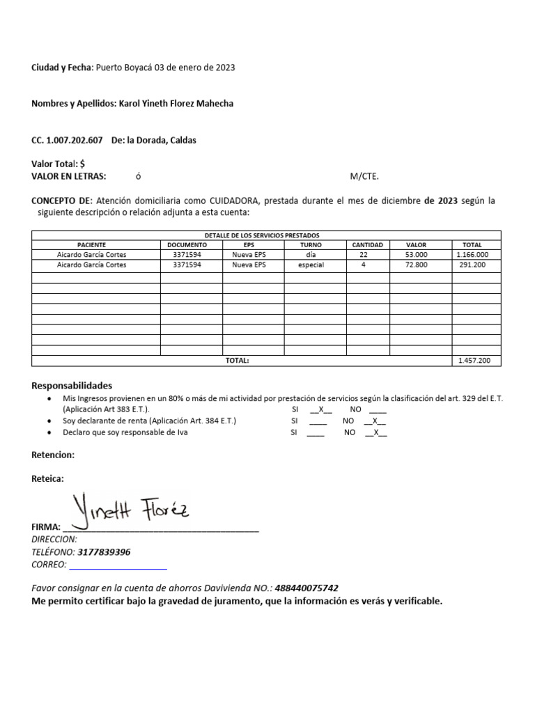 Cuenta de Cobro Mes de Diciembre 2023 Karol Yineth Florez Mahecha N | PDF