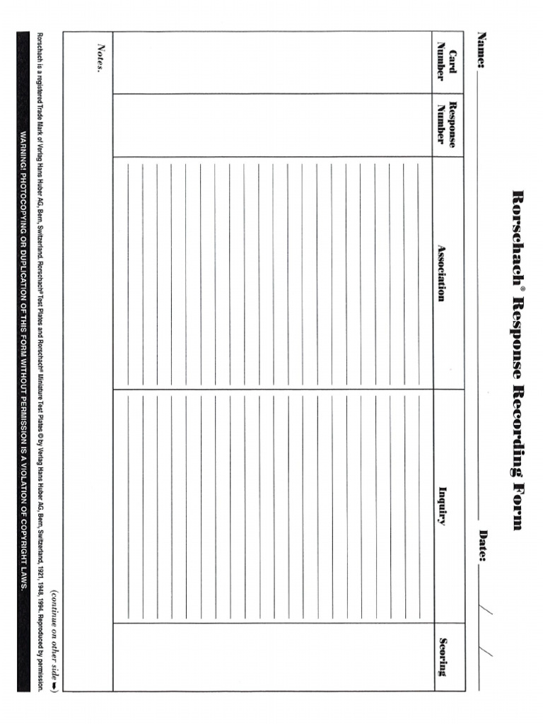 Rorschach Response Recording Form | PDF