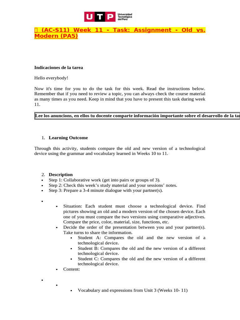 ? (AC-S11) Week 11 - Task Assignment - Old vs. Modern (PA5) (INGLES 3) Docx | PDF | Refresco ...