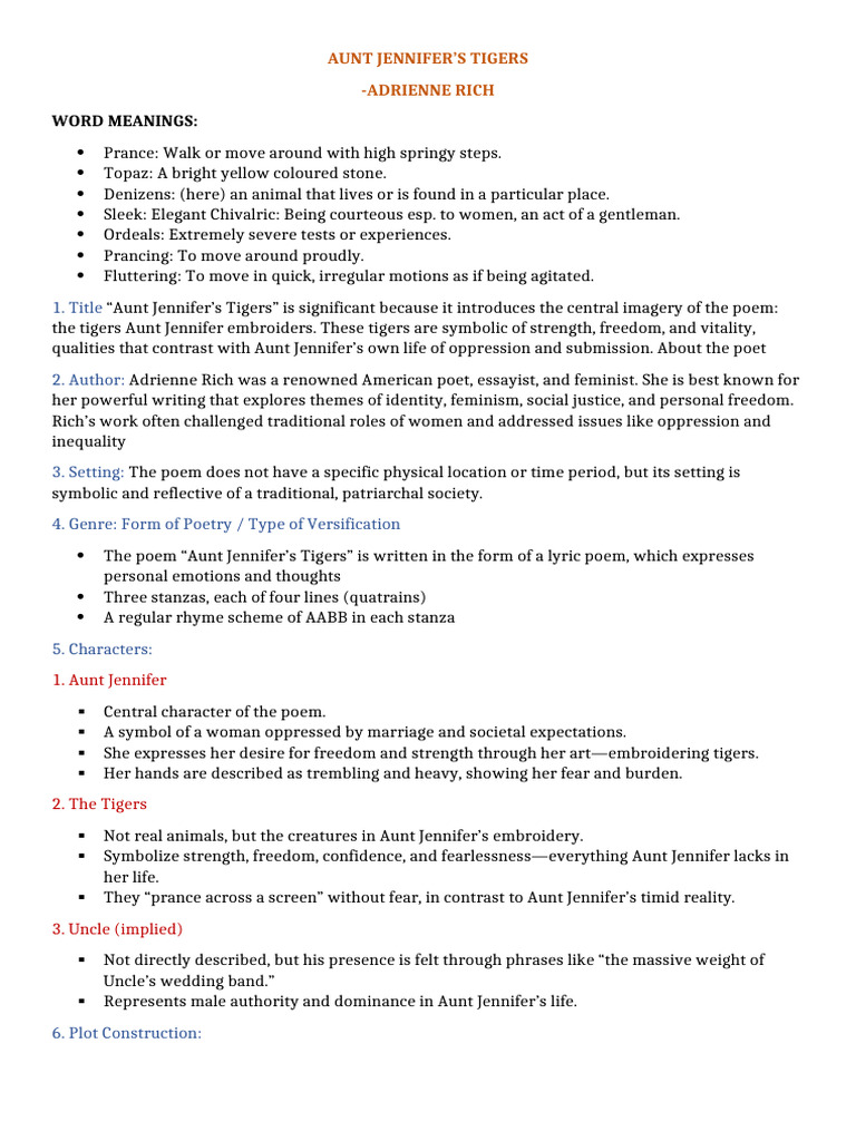 Aunt Jennifer's Tigers - CW - 25 | PDF | Poetry | Patriarchy