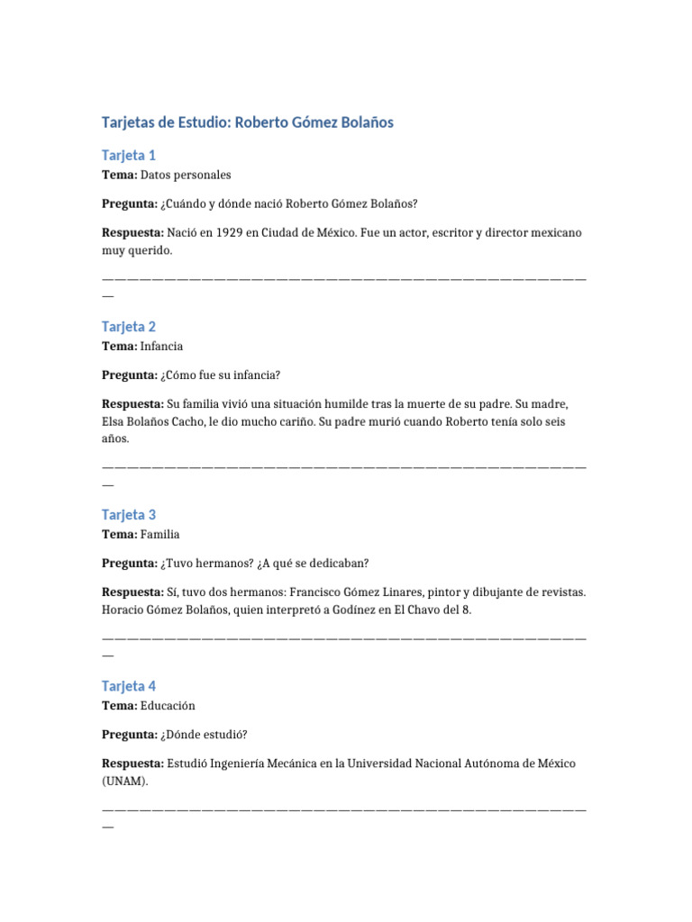 Tarjetas Estudio Roberto Gomez Bolanos | PDF