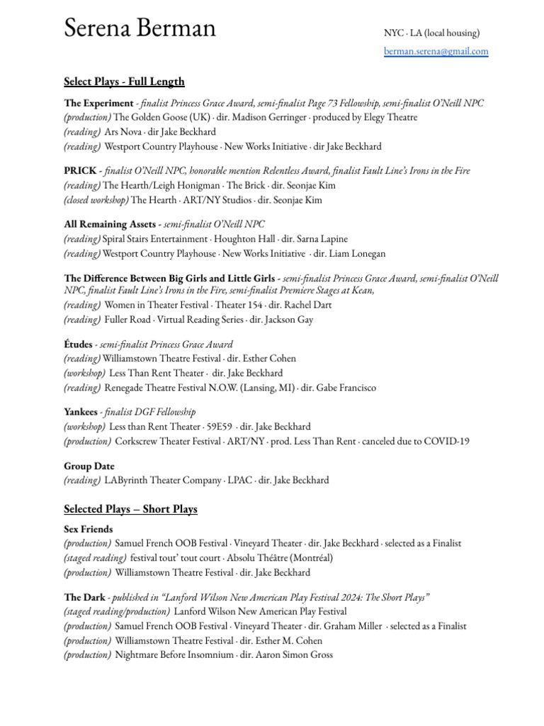 Serena Berman Writing Resume 2025 | PDF