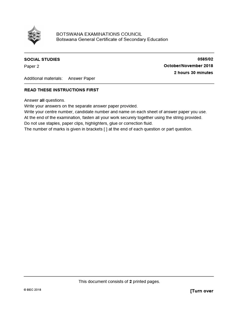 Bgcse Social Studies Paper 2 2018 | PDF | Botswana