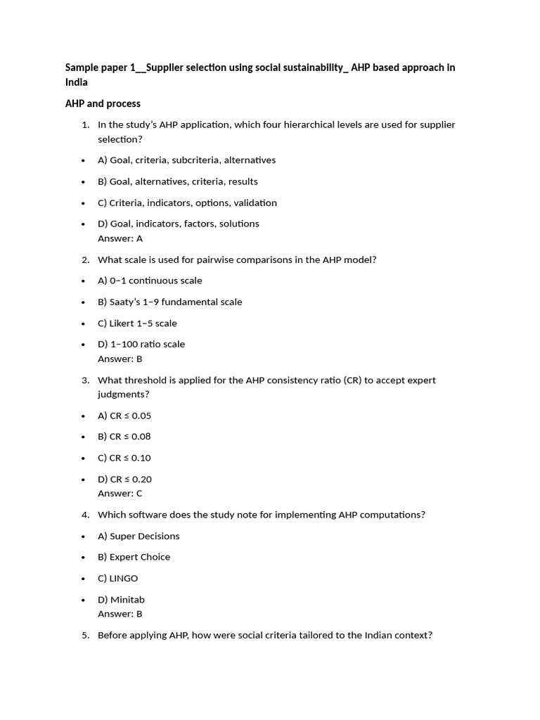 MCQ - Sample Paper 1 - Supplier Selection Using Social Sustainability ...