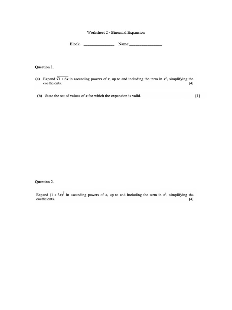 Worksheet 2-Binomial Expansion | PDF