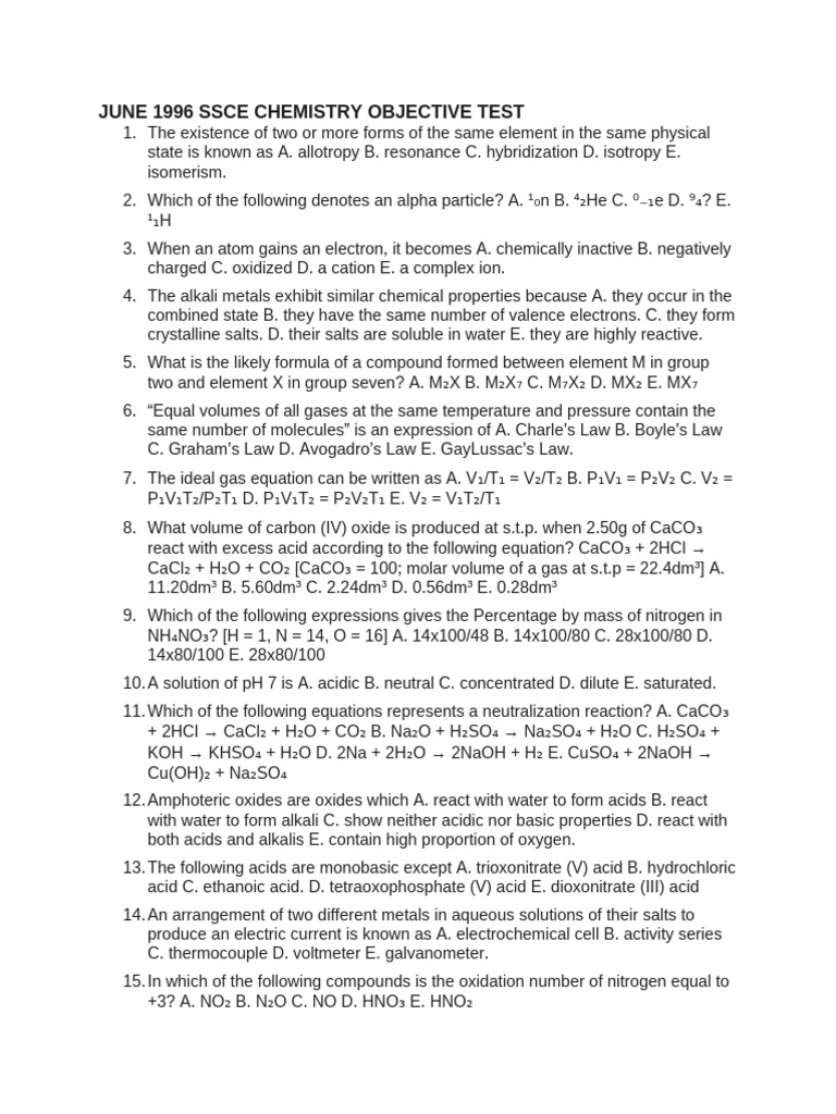 June 1996 SSCE Chemistry Test Questions | PDF | Salt (Chemistry) | Acid