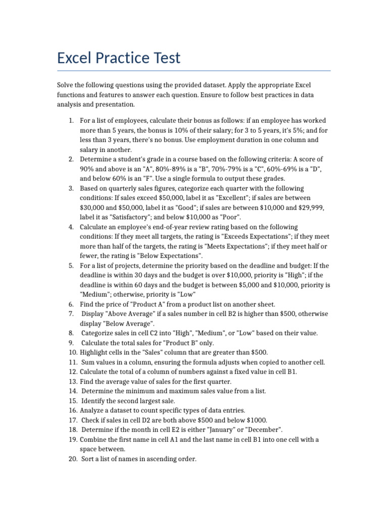 Excel Functions Practice Test Guide | PDF | Microsoft Excel