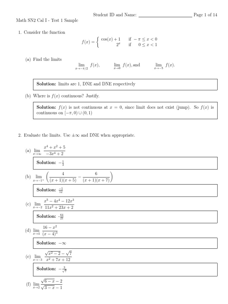 Calculus I Test 1 Sample Solutions | PDF | Function (Mathematics ...