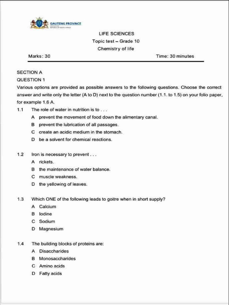 Chemistry of Life Topic Test | PDF