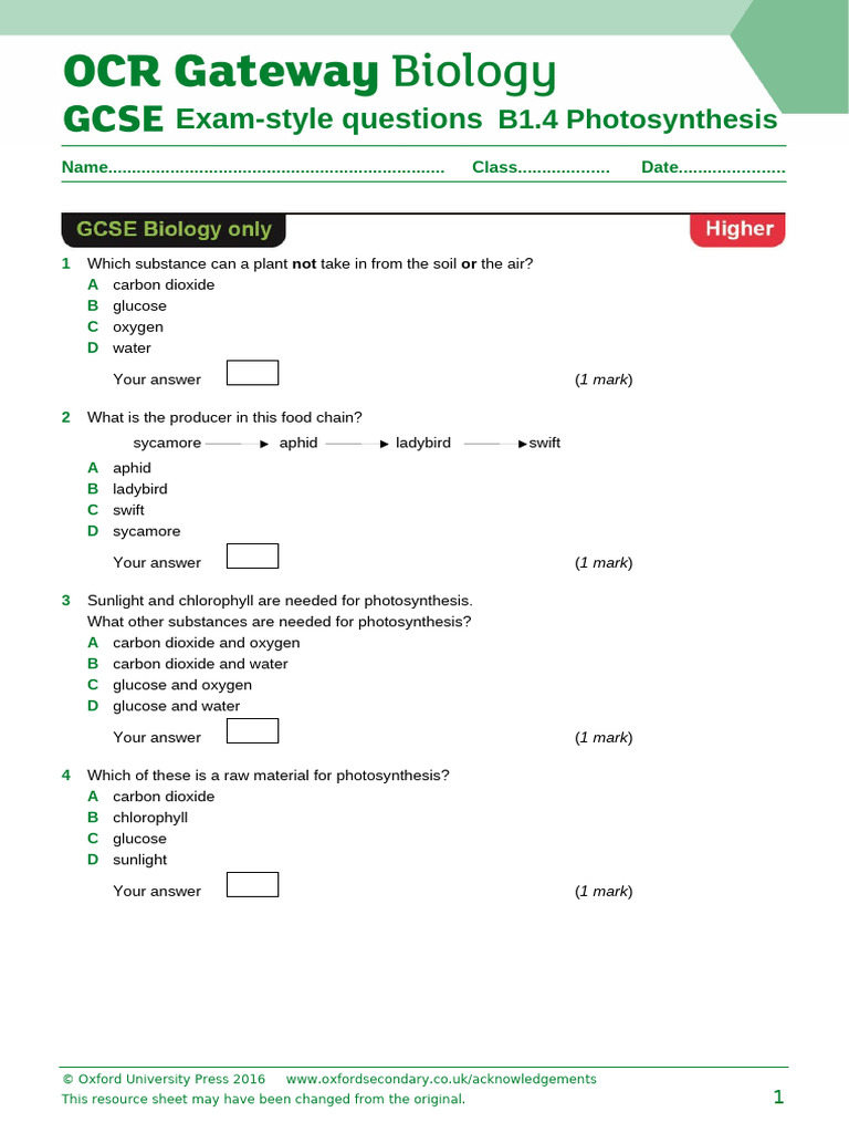 Photosynthesis Exam Questions Guide | PDF | Photosynthesis | Carbon Dioxide